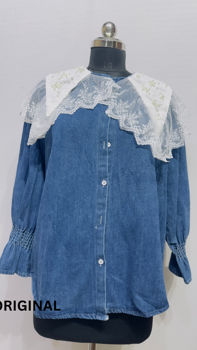 Pearl Embedded Collar Denim Shirt FC1466 – Fashion Cloud