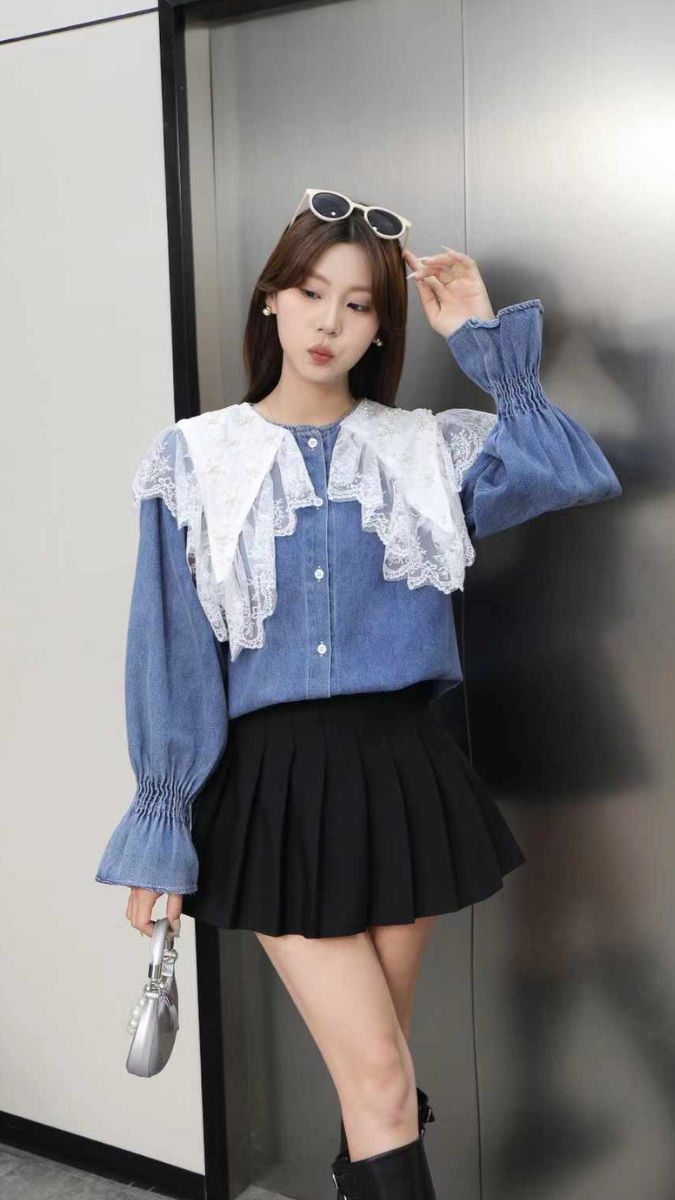 Pearl Embedded Collar Denim Shirt FC1466 – Fashion Cloud